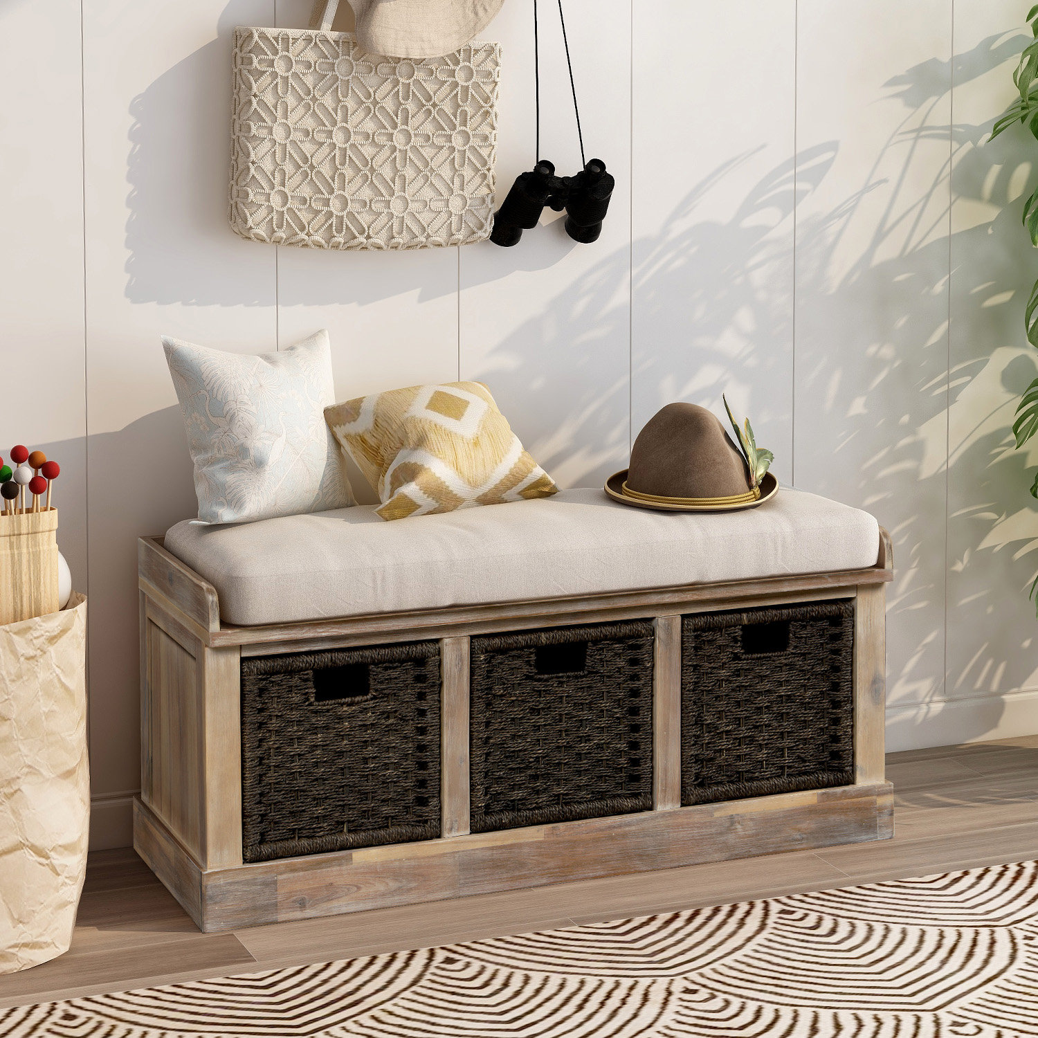 Red Barrel Studio® Rustic Storage Bench with 3 Removable Rattan Baskets ...