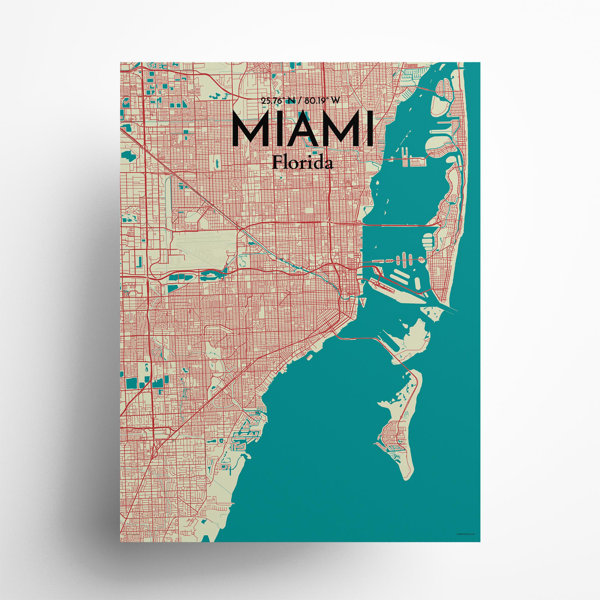 Wrought Studio 'Miami City Map' Graphic Art Print Poster in Tricolor ...