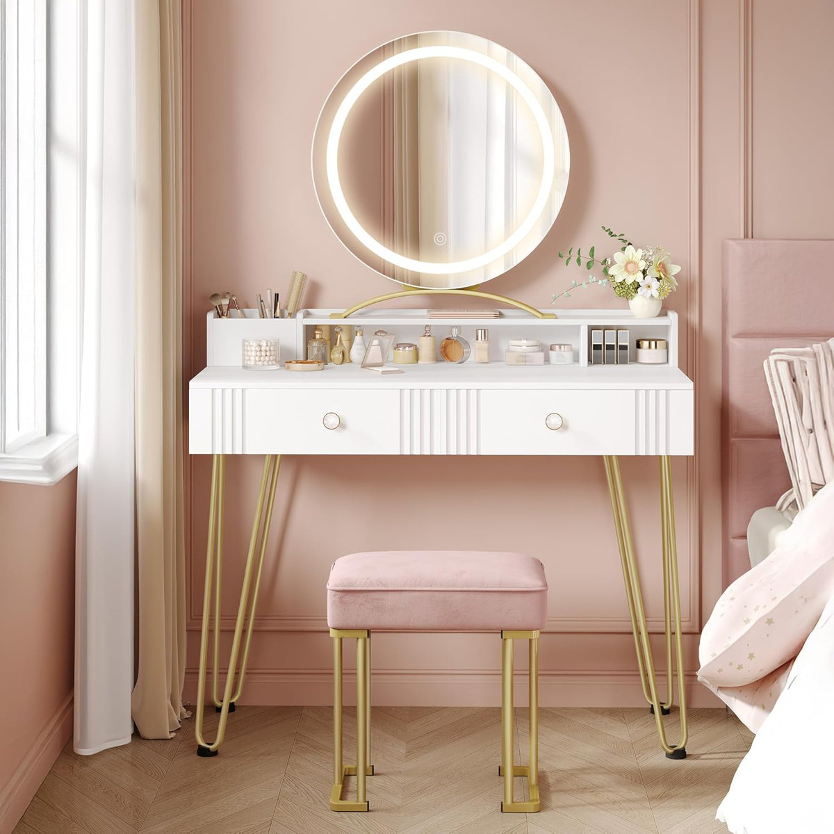 Latitude Run Dressing Table Set with LED Lights Mirror, Adjustable ...