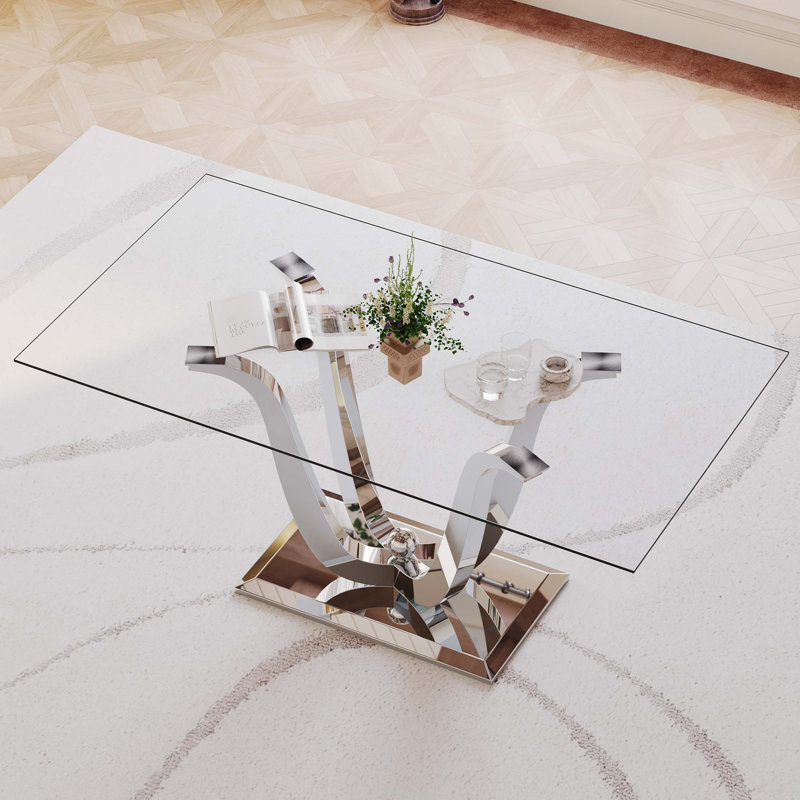 DSUNNER Tempered Glass Dining Table Stainless Steel Base | Wayfair