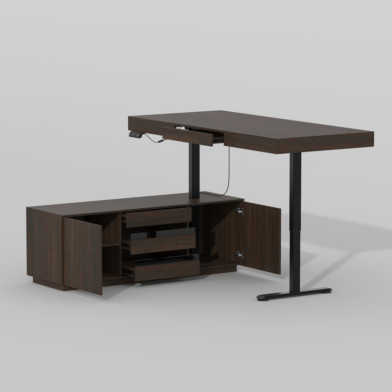 Ivy Bronx Adjustable Height L-Shaped Standing Desk With Storage Cabinet ...