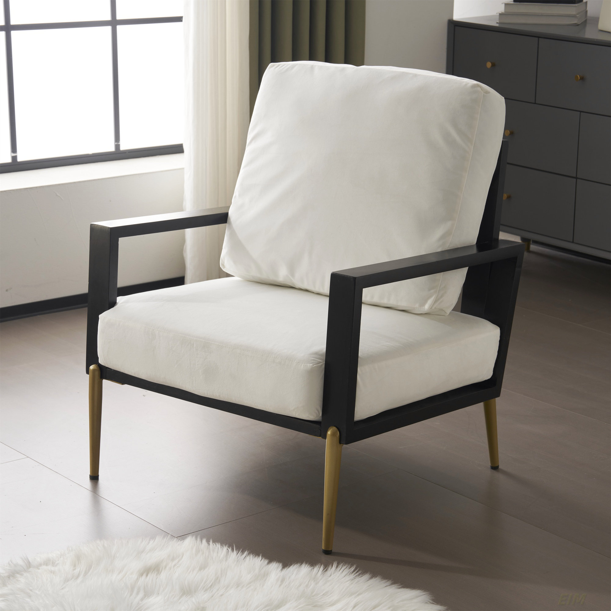 Mercer41 Modern Low Back White Upholstered Accent Armchair With Gold ...