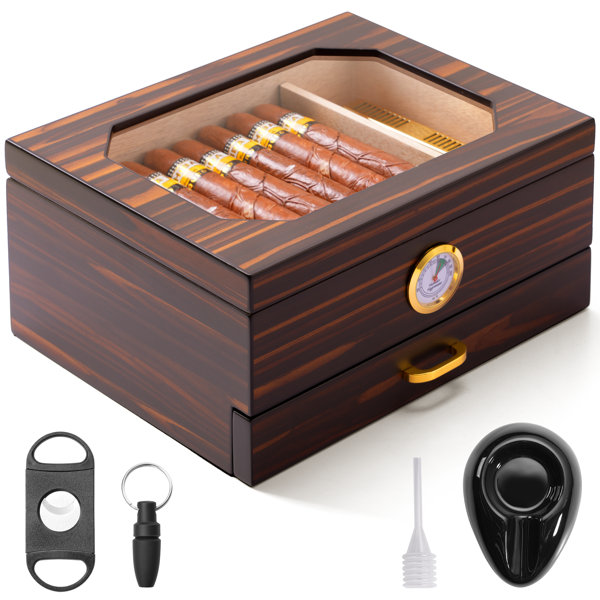 Hokku Designs Cigar Humidor Box for 30 Cigars with Drawer, Hygrometer ...