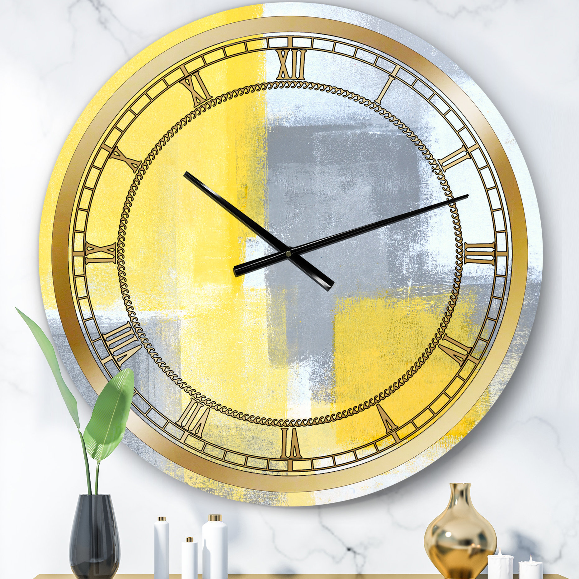 East Urban Home Gray and Yellow Blue Abstract XXI - Modern wall clock ...