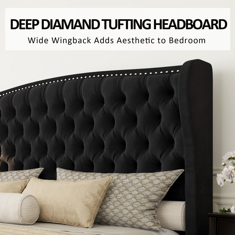 DuJuan Deep Button Tufted Upholstered Bed with Nailhead Trim Wingback ...