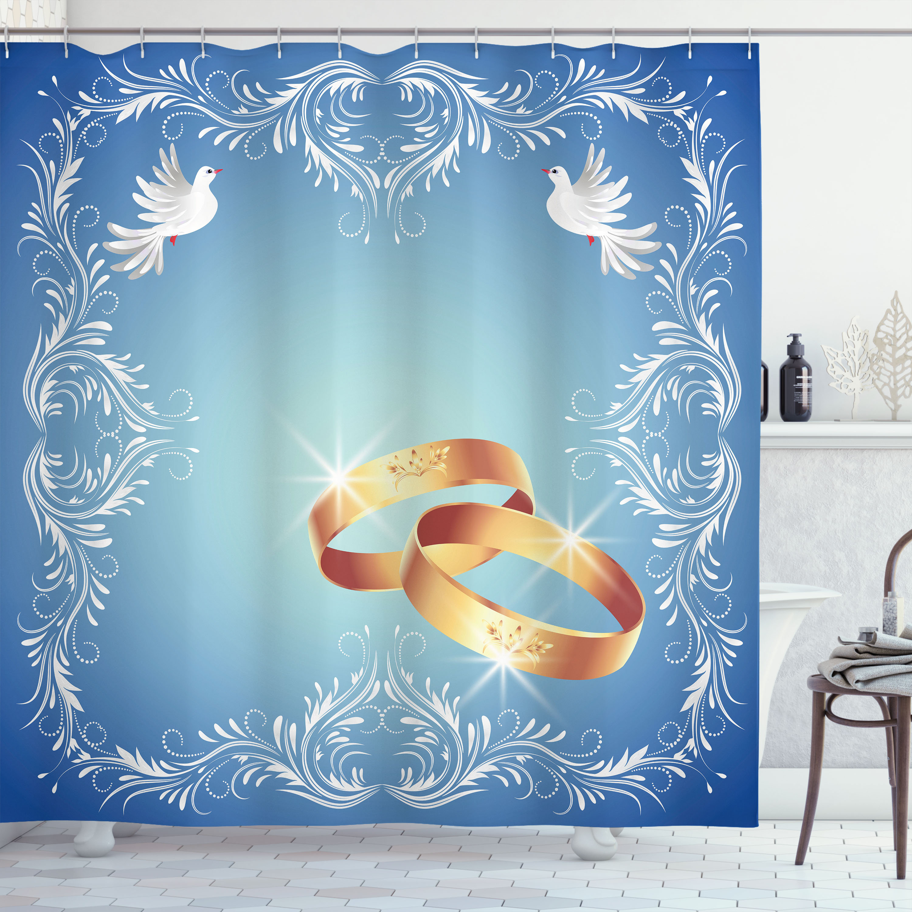 East Urban Home Dazion Blue Shower Curtain Ornament Frame Doves Rings ...