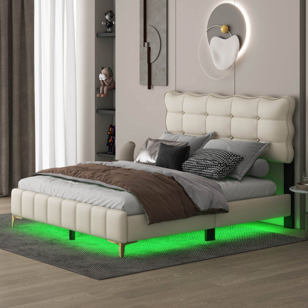 Mercer41 Velvet Platform Bed with LED Frame and Stylish Mental Bed Legs ...
