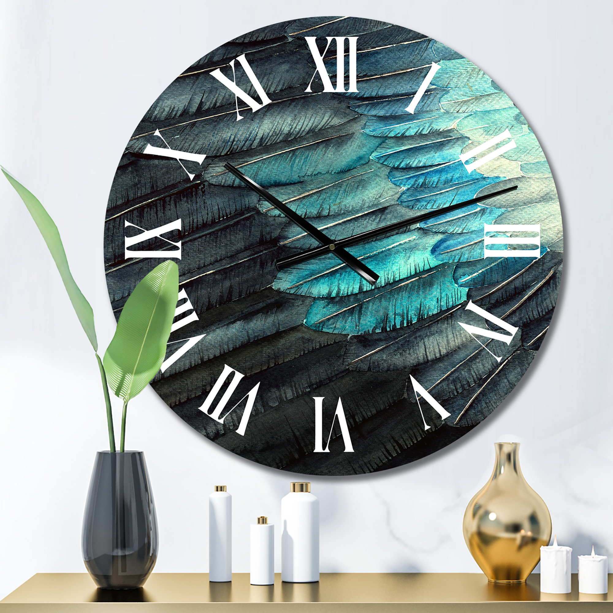 East Urban Home Blue Fragment Of a Bird Wing I - Traditional Wall Clock ...