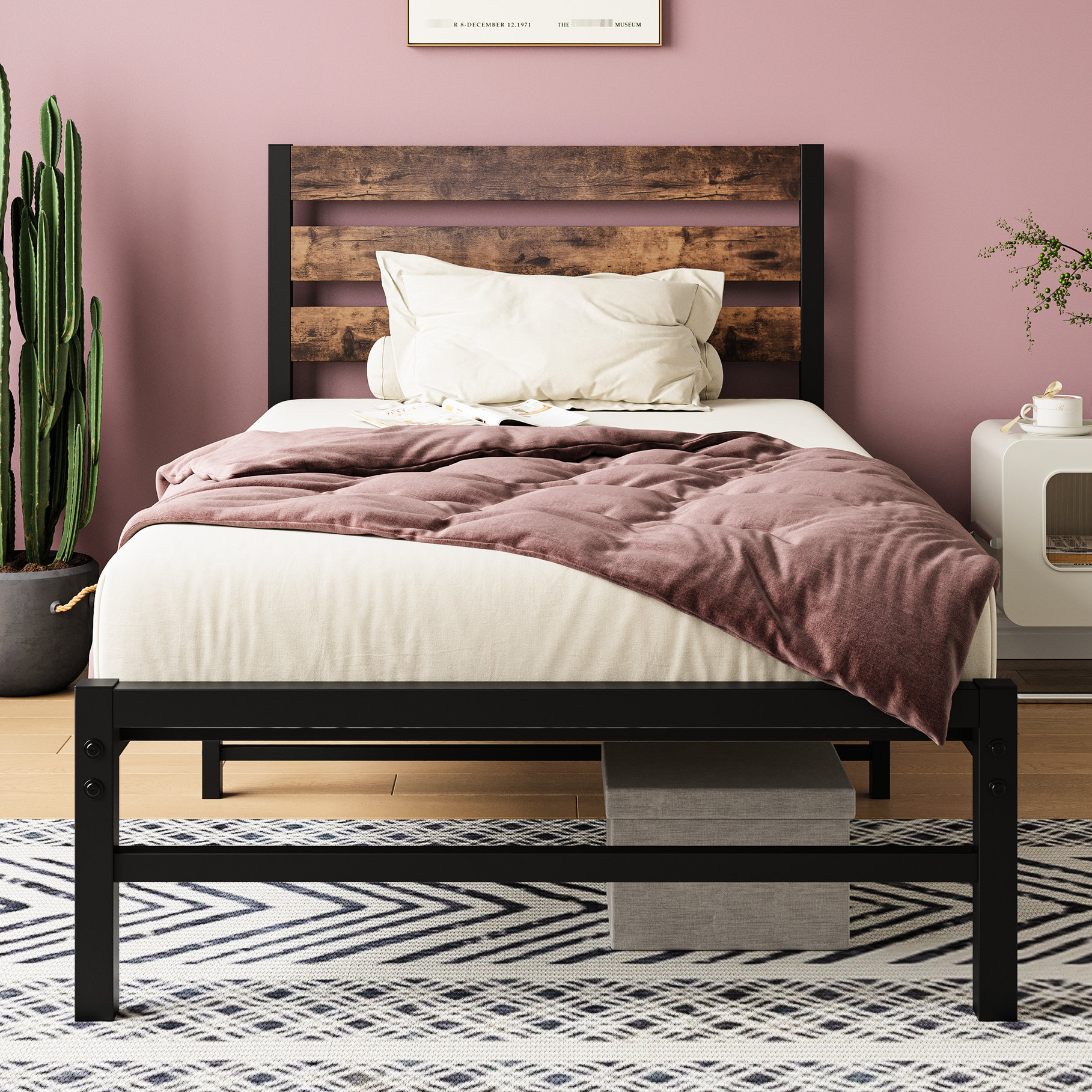 17 Stories Black Rustic Vintage Twin Bed Frame With Strong Metal Slats ...