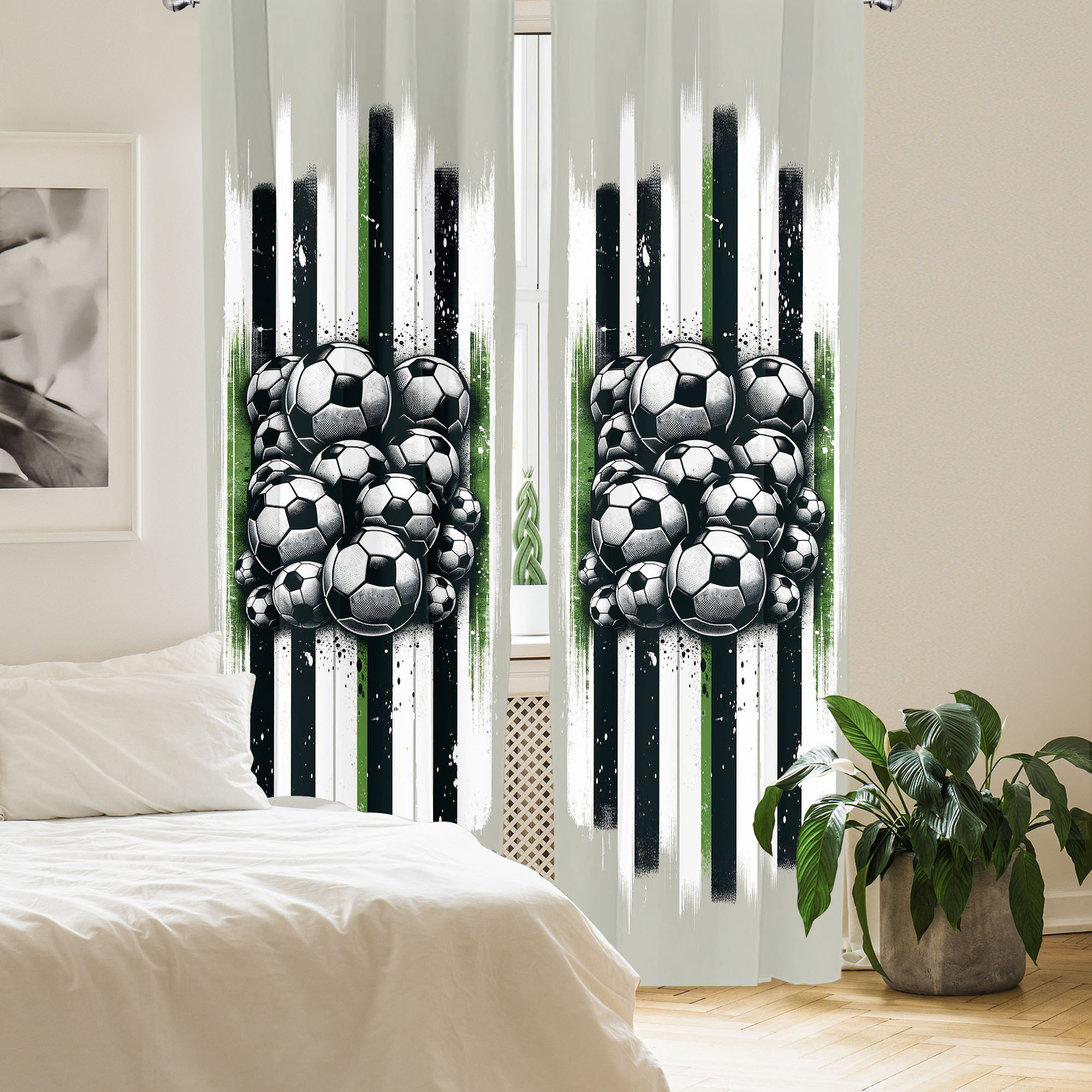 Ambesonne Soccer Curtains 2 Panel Set Pair of Dark Grey Green Off White ...