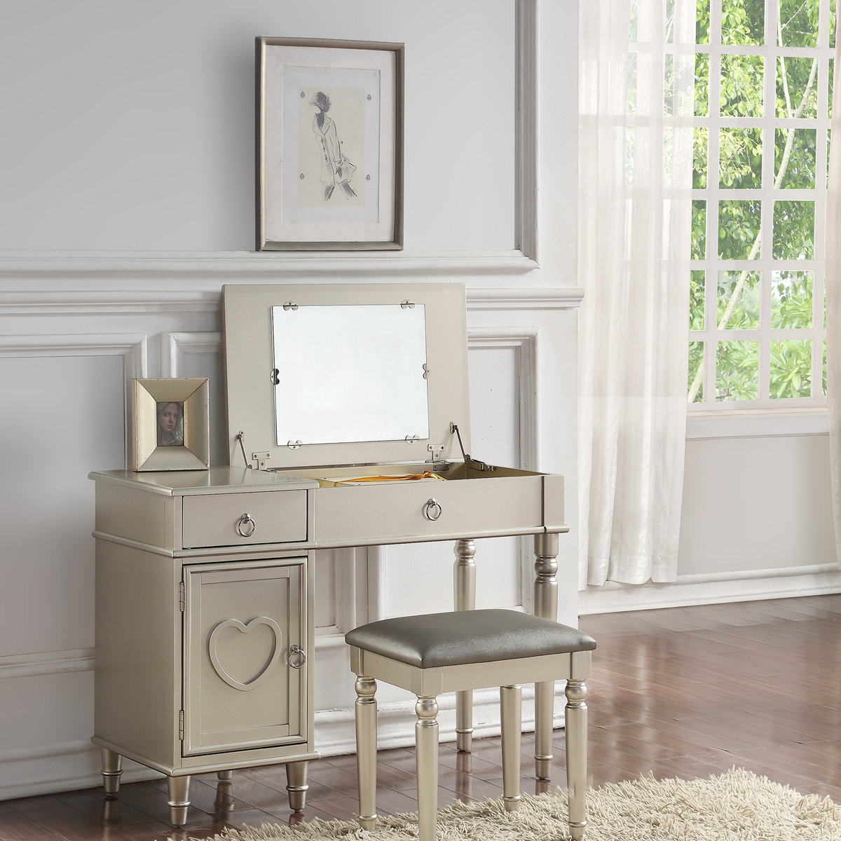 Rosdorf Park Bedroom Vanity Set W Stool Open Up Mirror Storage Space ...