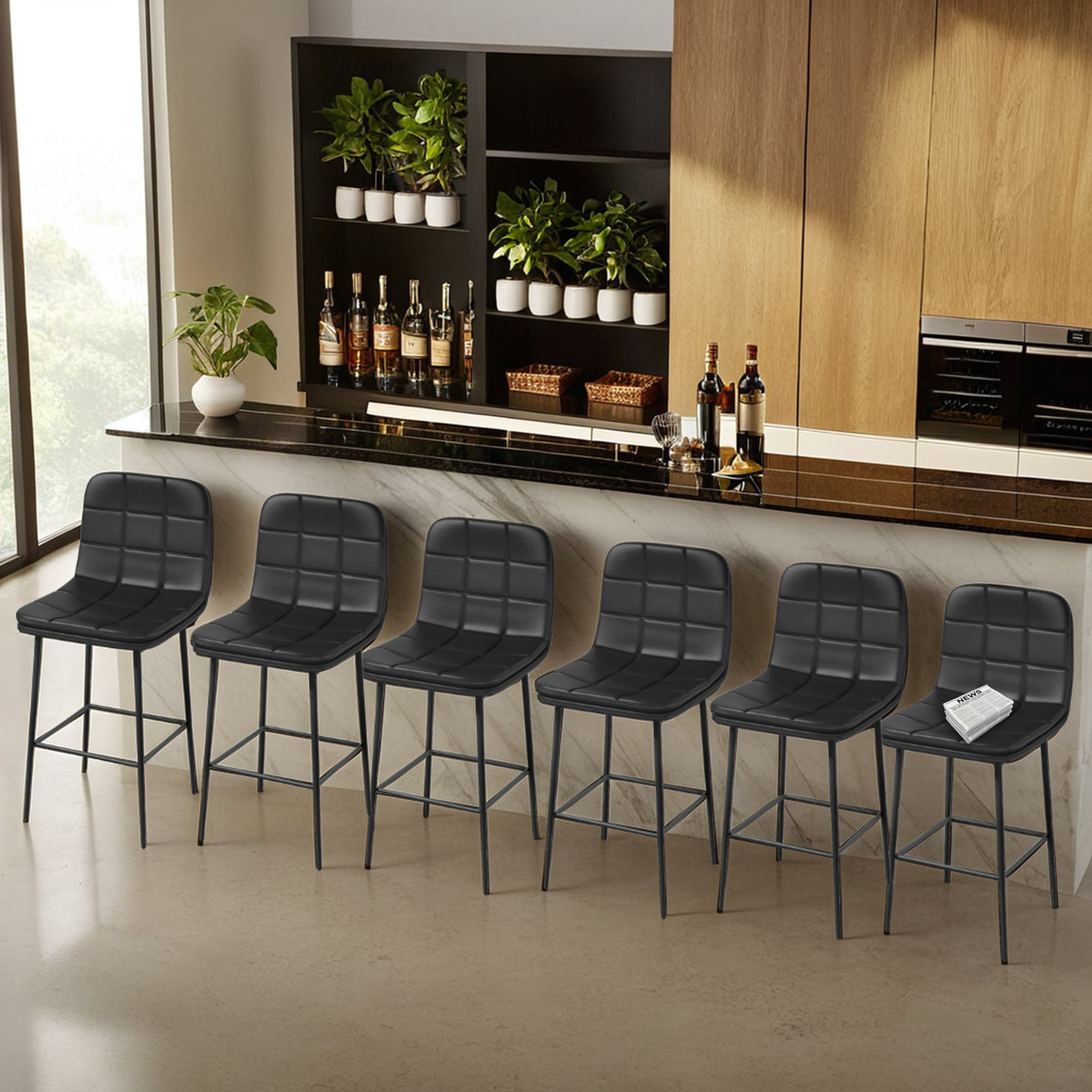 Dynoson Modern PU Double Cushion Bar Stools With Metal Frames(Set of 6 ...