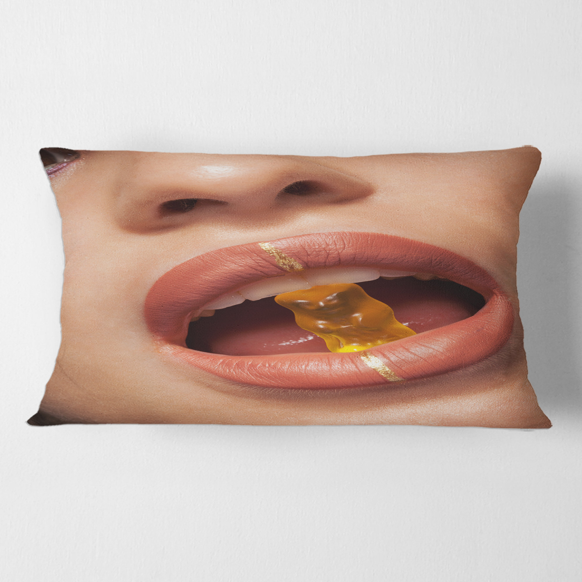 Design Art Close up View of Woman Lips Biting Gummy Bear Rectangular ...