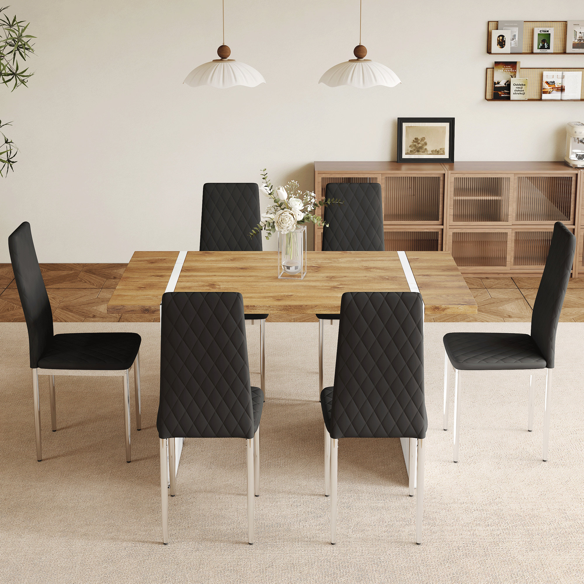 Ivy Bronx MDF Dining Table 55”x31.5” with 6 Chairs, Natural Wood Finish ...