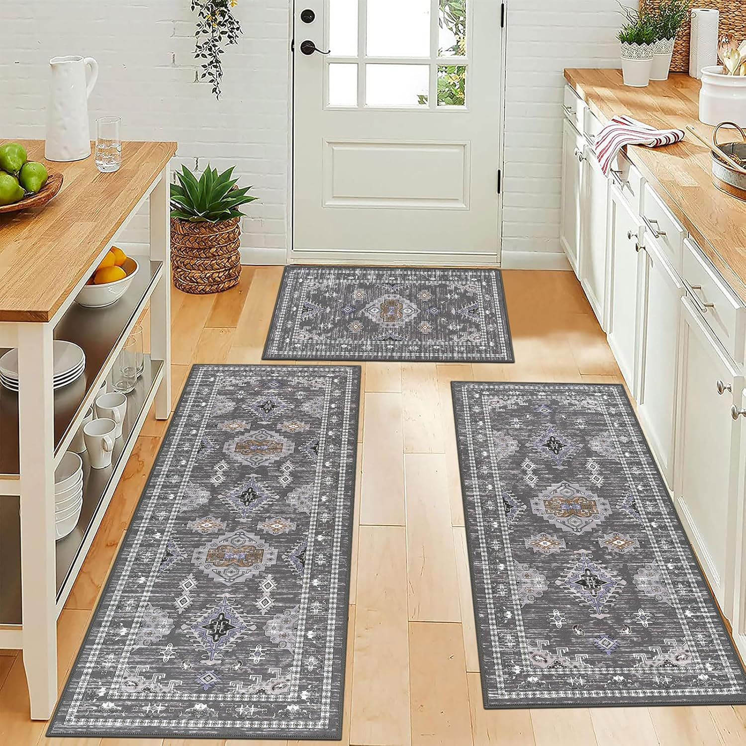 Bungalow Rose Vintage Kitchen Rug Sets 3 Piece With Runner Grey Kitchen ...