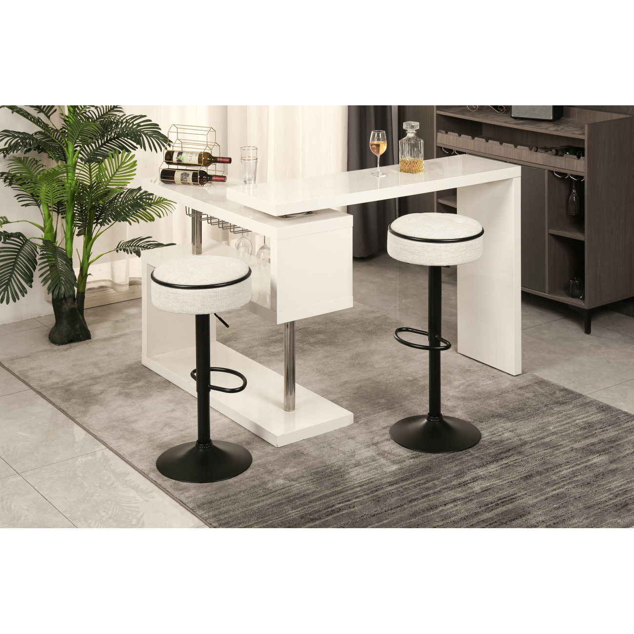 George Oliver Round Storage Bar Stool Set Of 2, Linen Height Adjustable ...