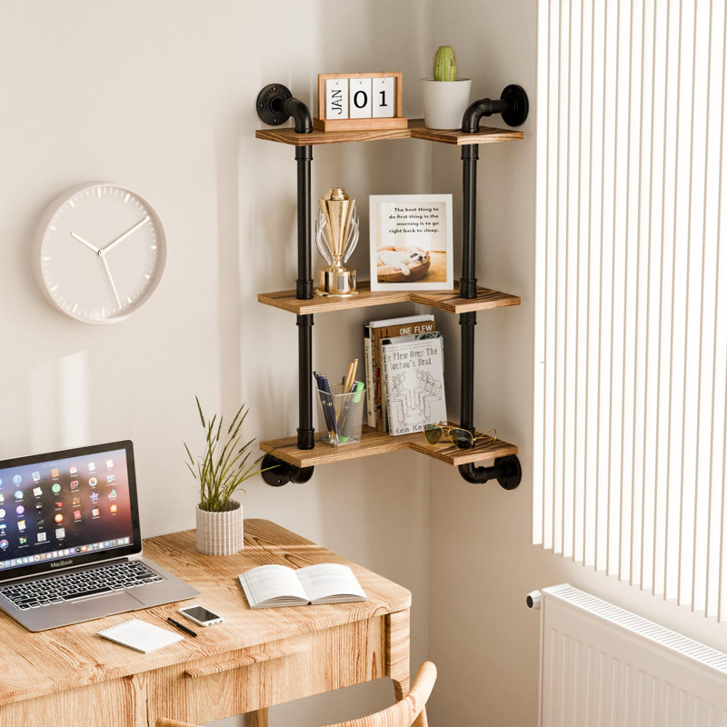 Williston Forge 3-Tier Industrial Corner Pipe Shelf, Rustic L-Shaped ...
