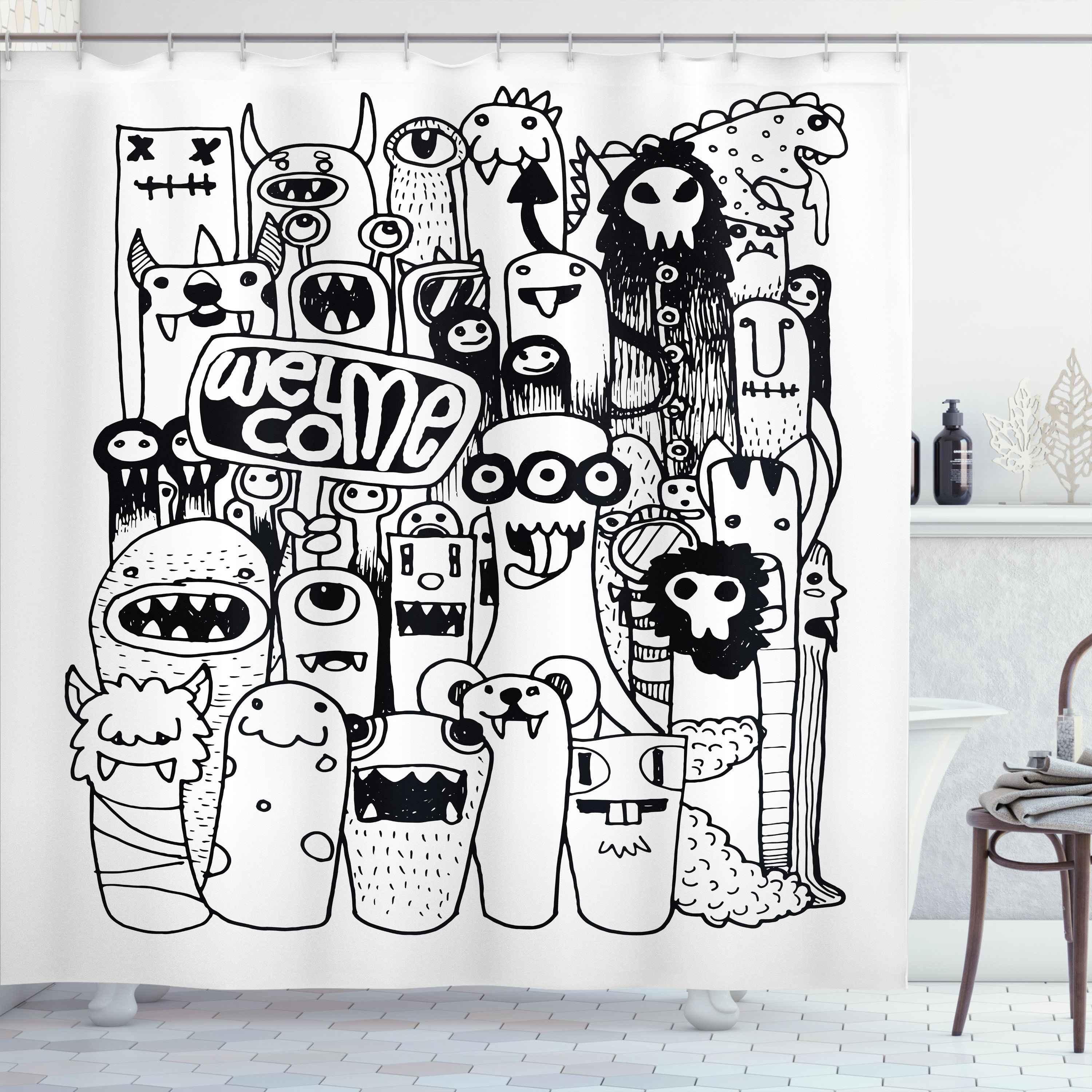 Latitude Run® Indie Shower Curtain Welcoming Monster Black and White ...