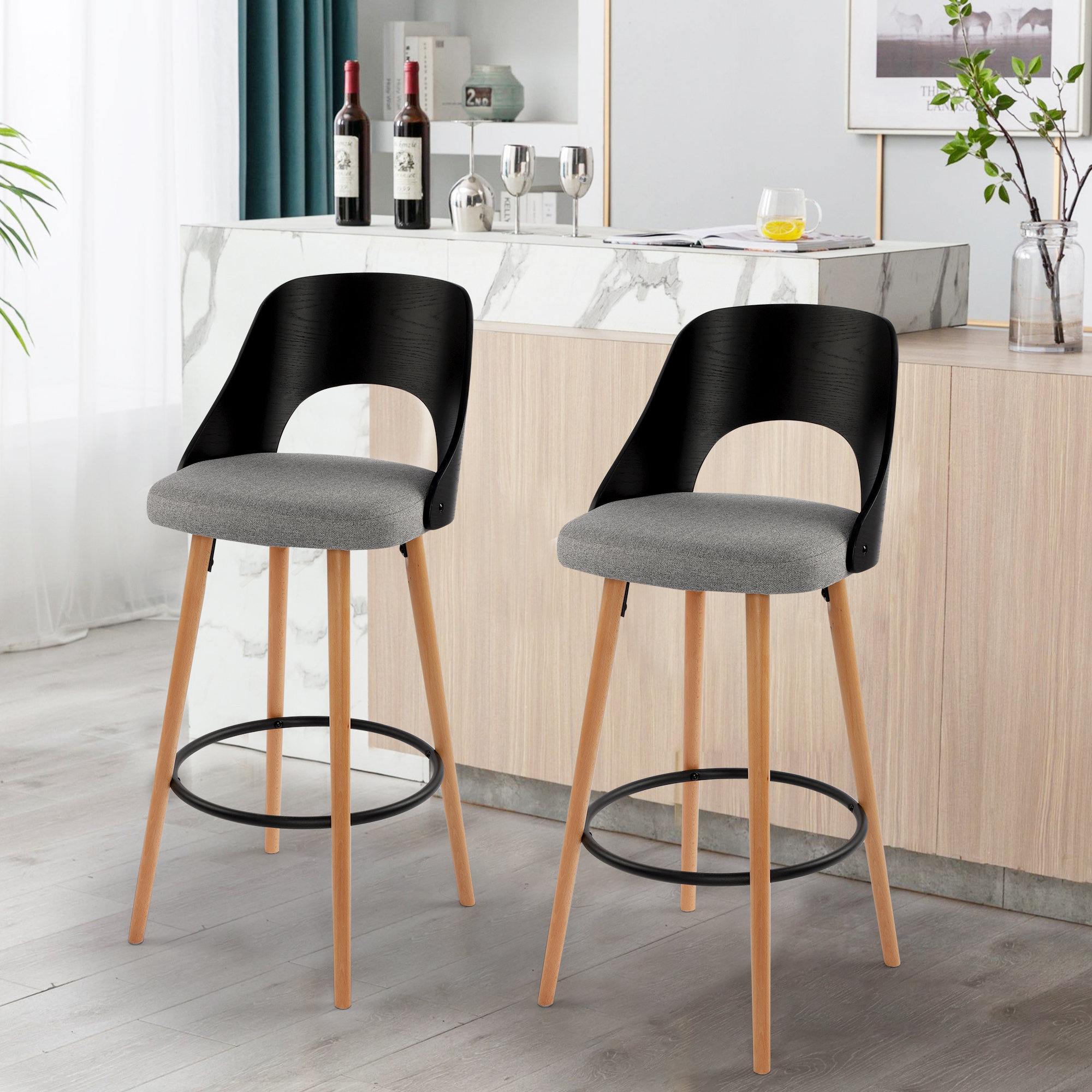 George Oliver Modern Tall Bar Stools Solid Beech Wood Bar Height Chairs With Footerest , Set Of ...