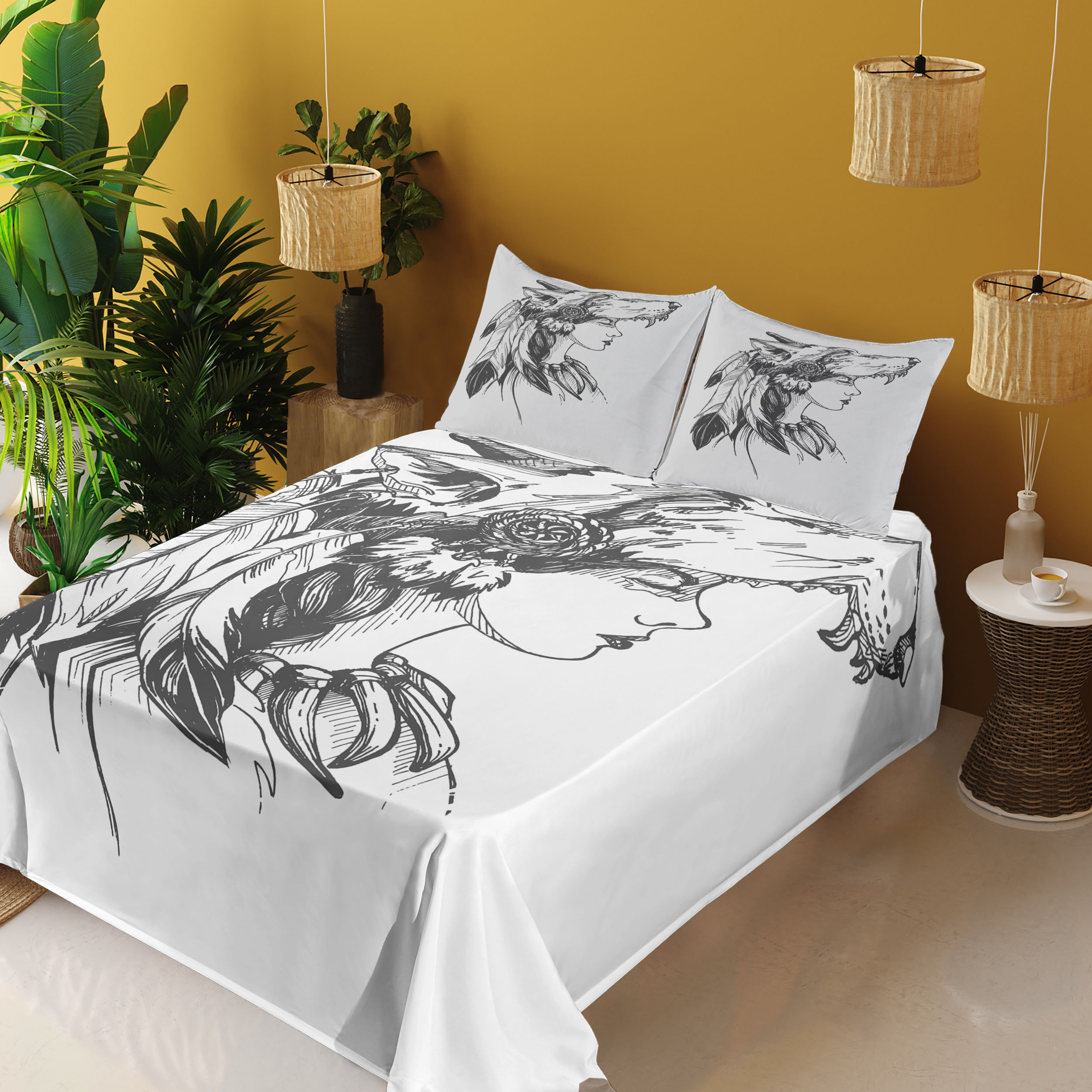 Ambesonne Wolf Sheet Set Lady with Ethnic Wolf Print Dark Grey and ...