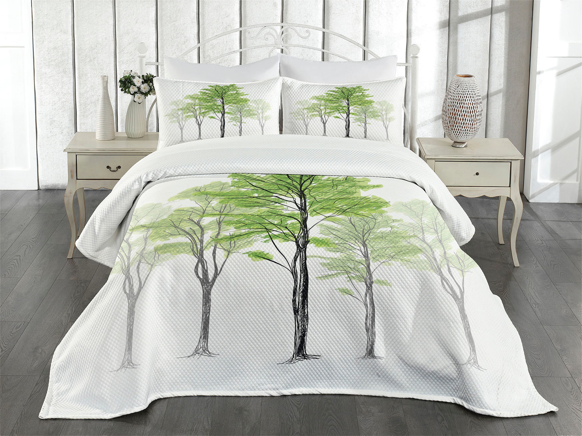 Ambesonne Forest Bedspread Set Hand Drawn Nature Motif Green Black ...