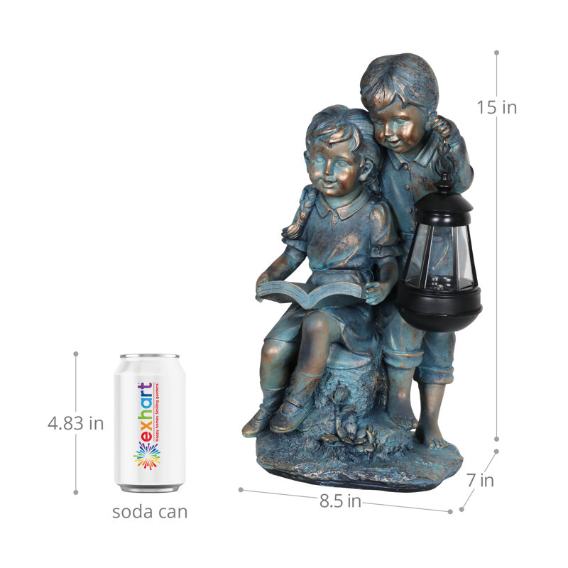 Exhart Solar Antique Innocence Faux Bronze Boy and Girl Statue, 9 by 15 ...