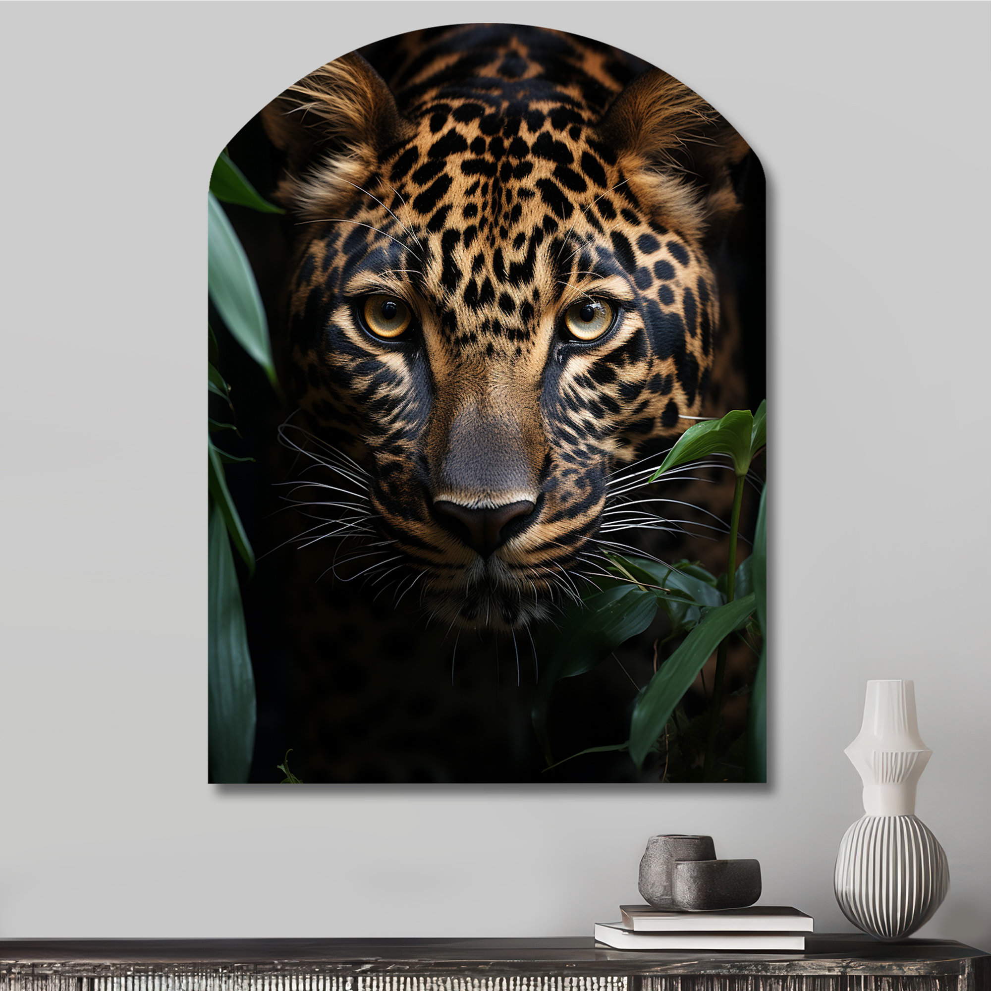 Design Art Leopard Silent Stalk I - Leopard Arch Shape Metal Wall ...
