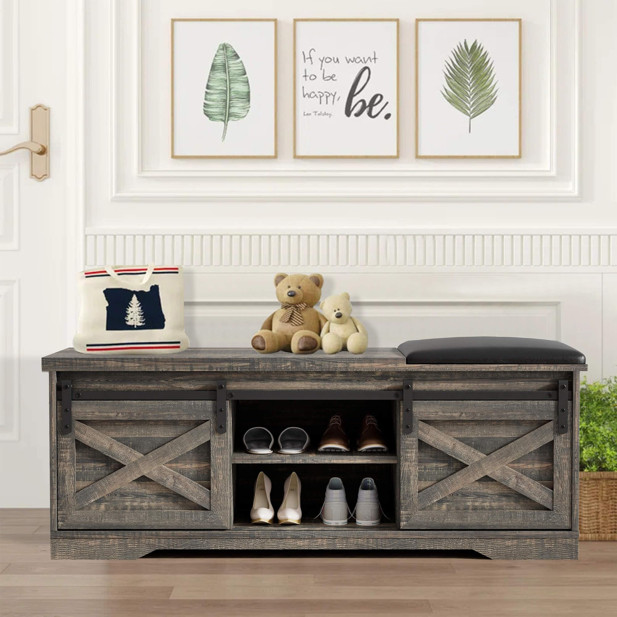 Gracie Oaks 47" Farmhouse Storage Bench With 2 Sliding Barn Doors, Wood ...