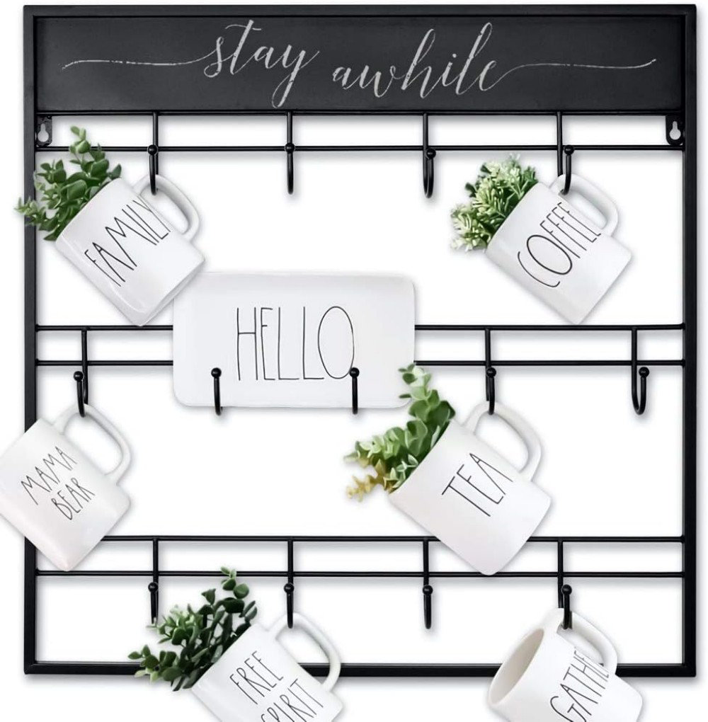 Rebrilliant Large Wall Mounted Mug Rack (23"/Black) 3 Rows Coffee Mug ...
