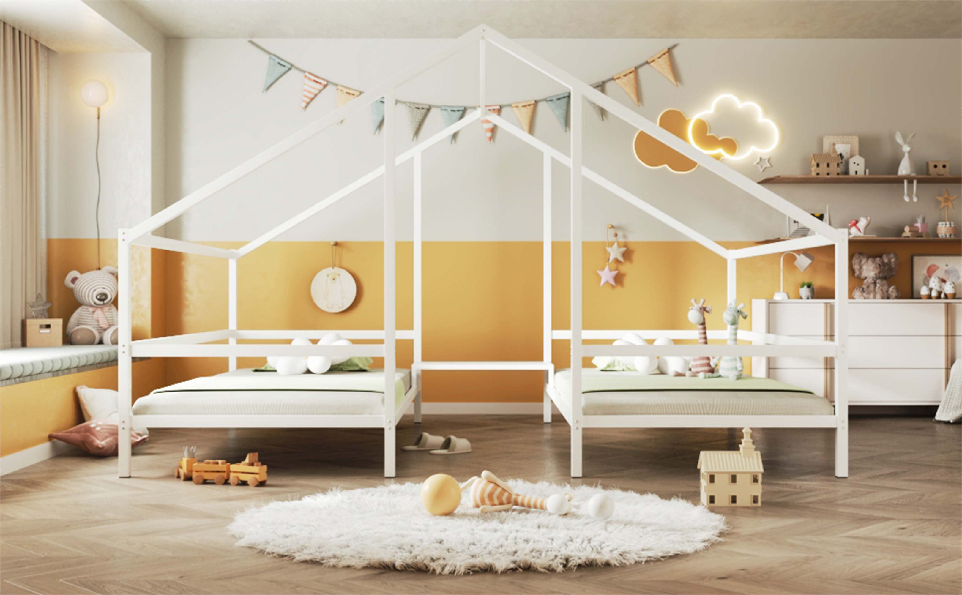 Harper Orchard Metal Double Twin Size Triangular House Beds With Built ...