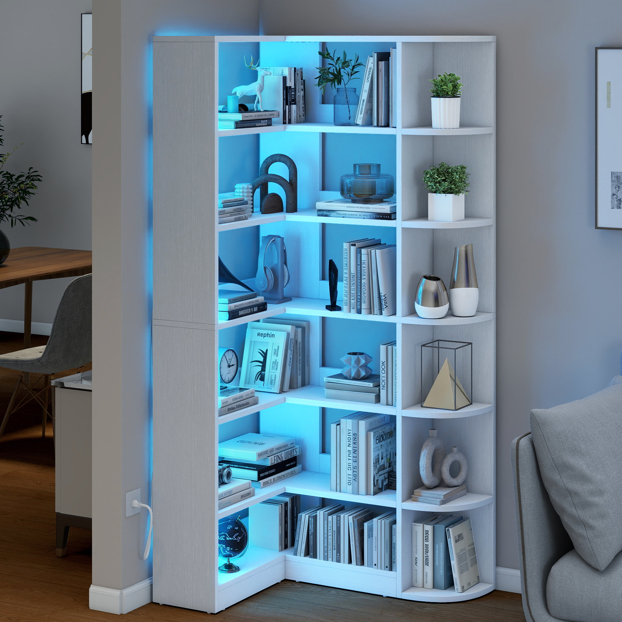 Wrought Studio 6 Tier L-Shaped Bookshelf With LED Light, 70.8" White ...