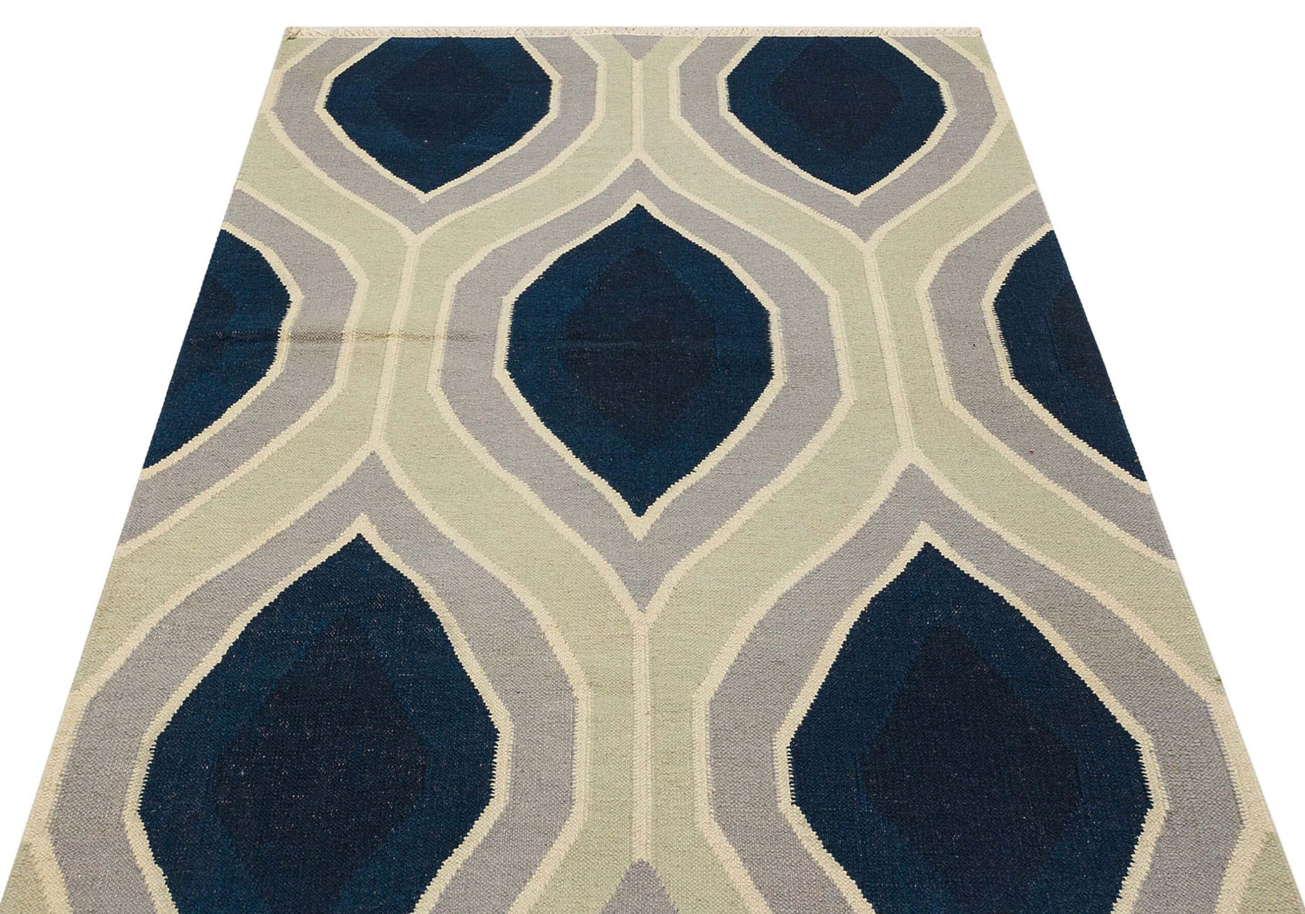 Lofy Kilim Navy Geometric Wool And Cotton Handmade Area Rug Navy ...
