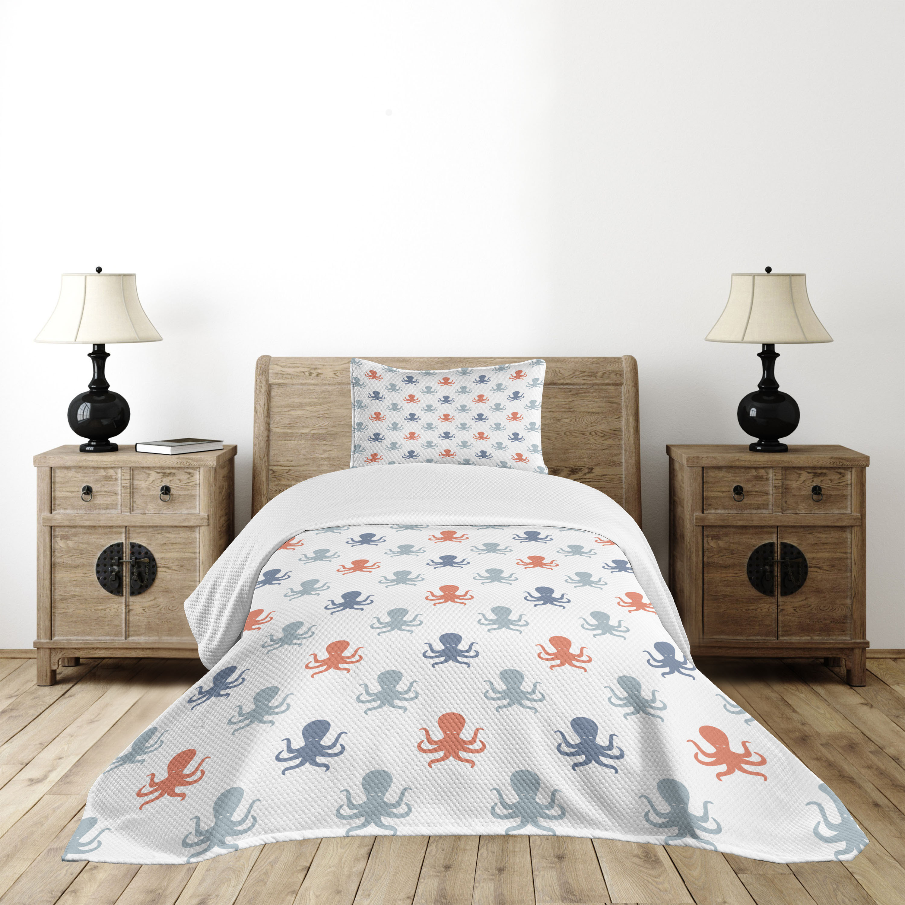 Ambesonne Octopus Bedspread Set Nautical Silhouettes Blue Grey Cinnamon ...