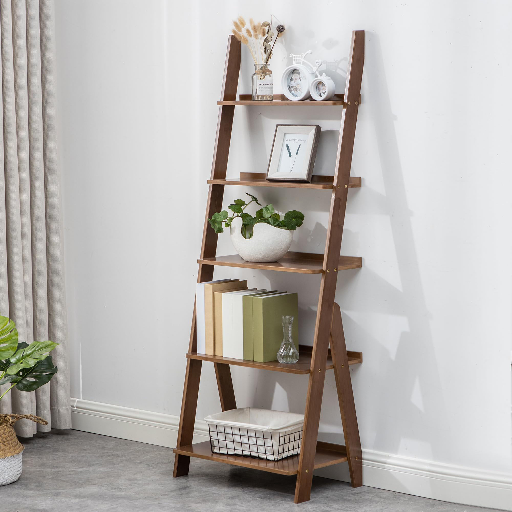 Latitude Run® Bamboo Ladder-Shaped Bookcase, 5-Tier Diagonal Bookcase ...