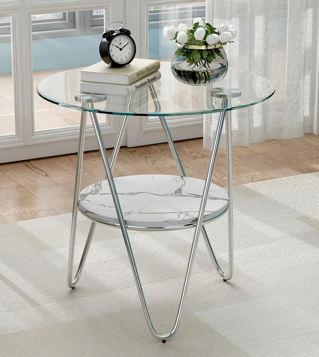 Orren Ellis 2 - Tier Round Glass End Table with Storage and Faux Marble ...