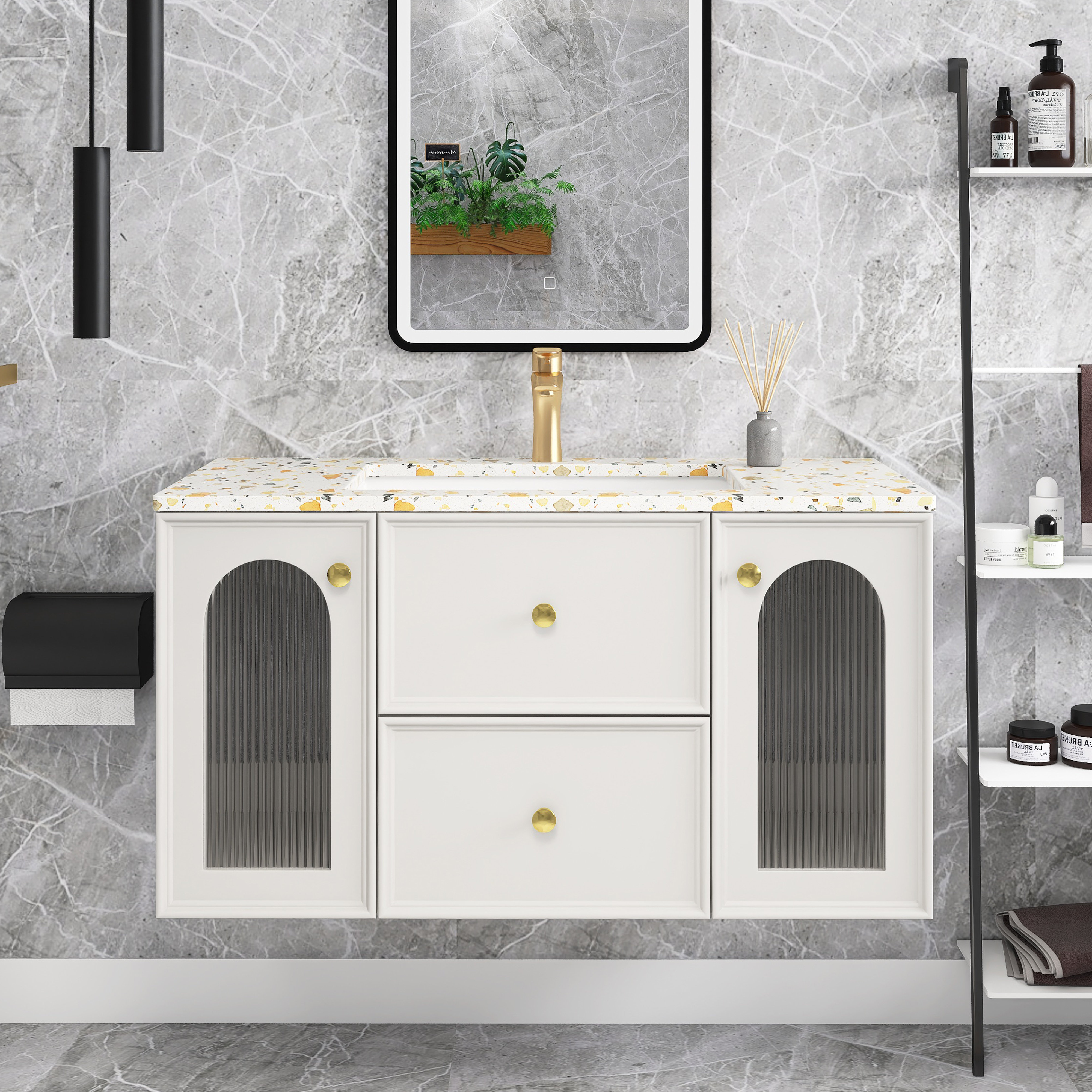 Mercer41 36" Wall-Mounted Floating Plywood Bathroom Vanity With ...