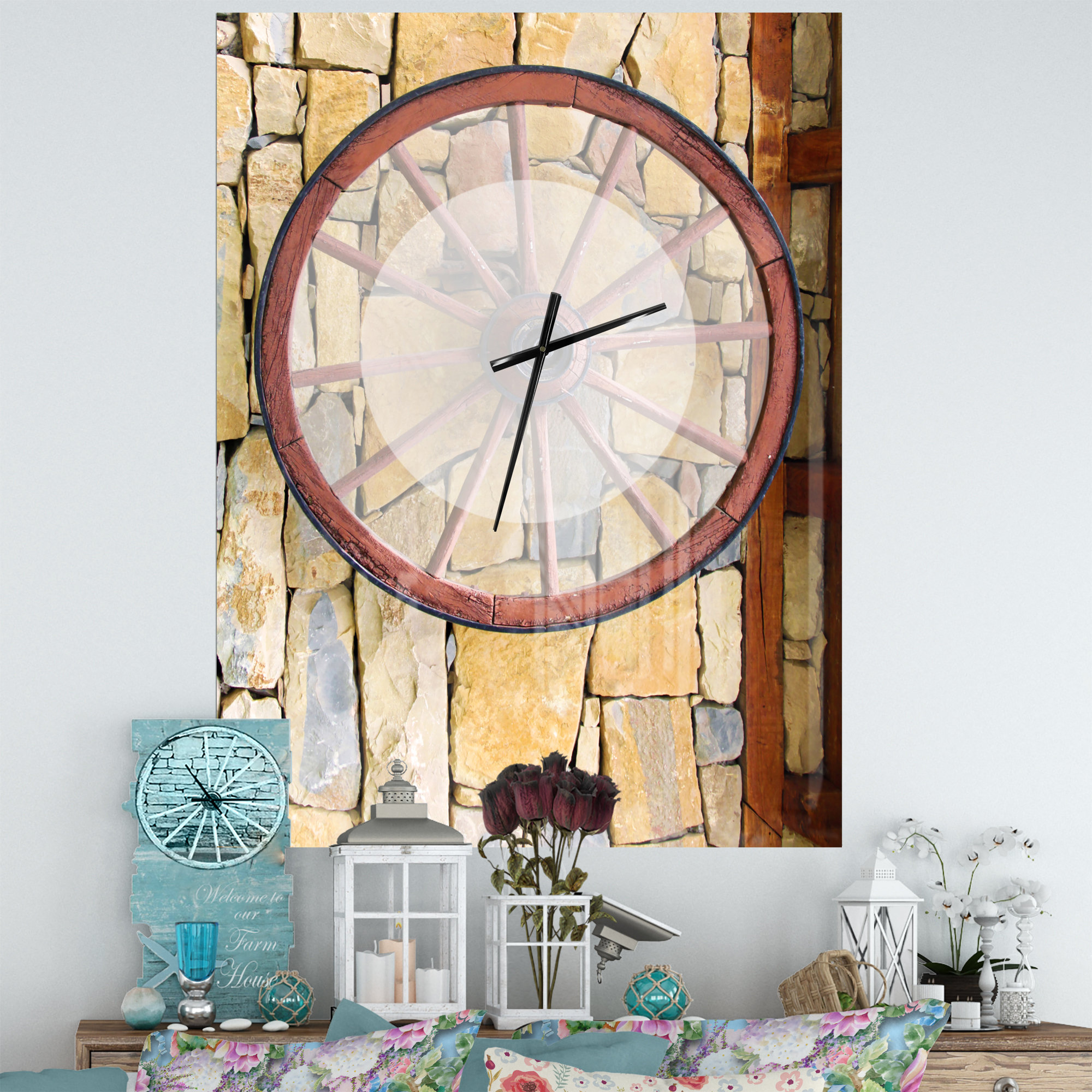 The Twillery Co.® Old Wooden Country Wheel - Rustic Wall Clock | Wayfair