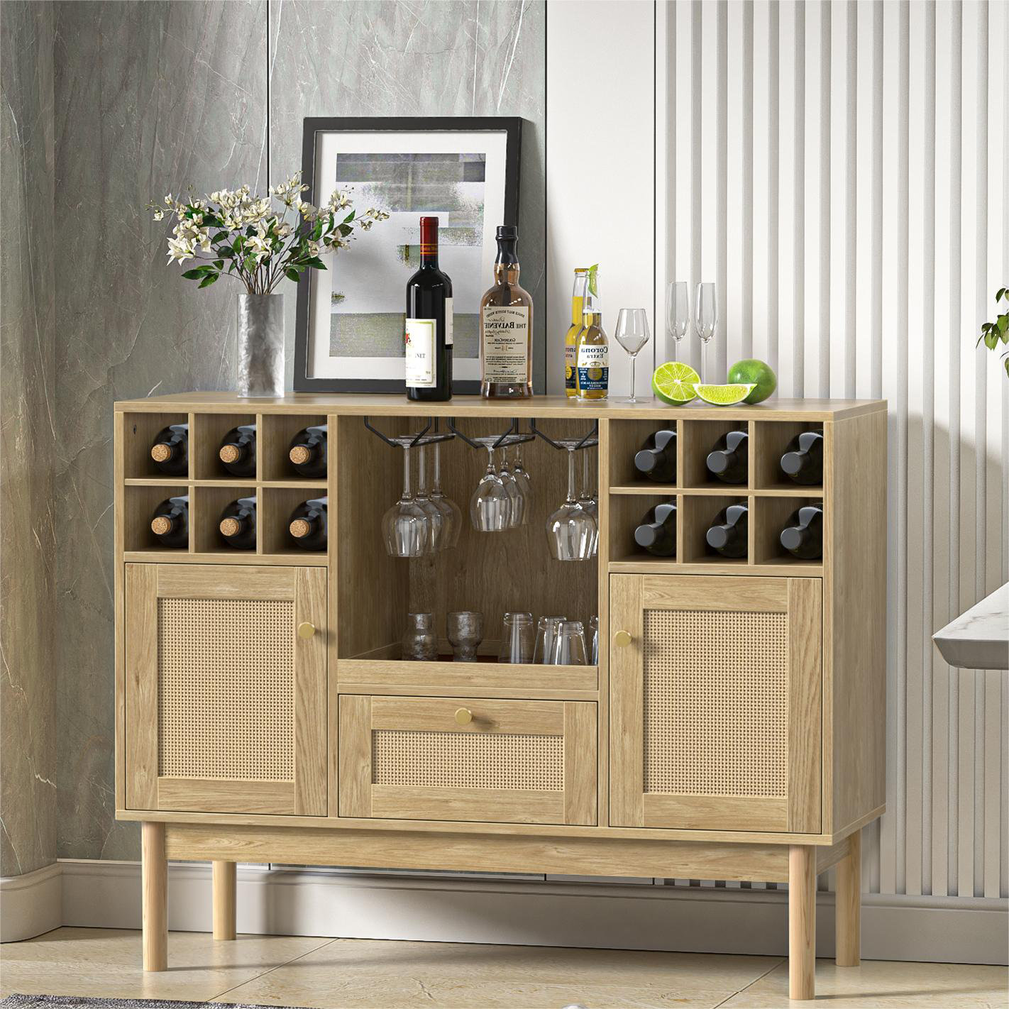 Bay Isle Home™ Akseli 43.3" Bar Cabinet, Rattan Sideboard Buffet Liquor ...