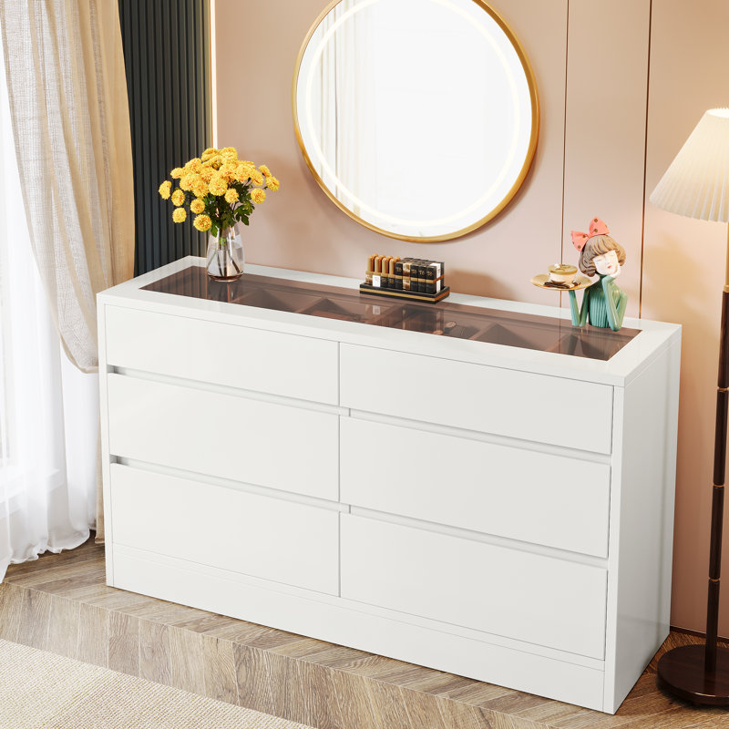 Wrought Studio™ White 6 Drawer Dresser For Bedroom, Wide Chest Of ...