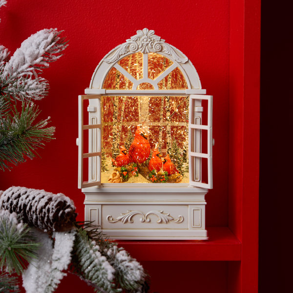 The Holiday Aisle® LED Snow Globe Window with Cardinal Family 9"H | Wayfair