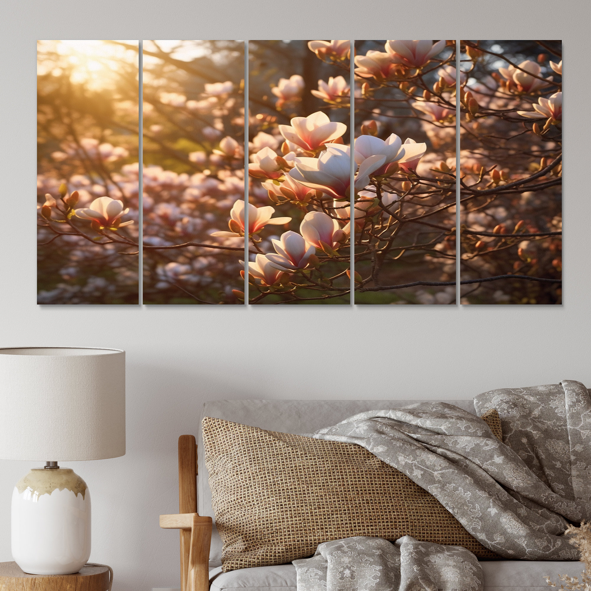 Ebern Designs White Pink Magnolias Landscape II On Canvas 5 Pieces ...