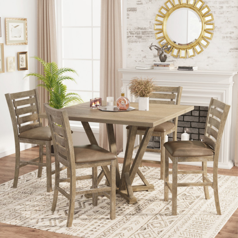 Gracie Oaks 5-Piece Rustic Farmhouse Solid Wood Square Counter Table ...