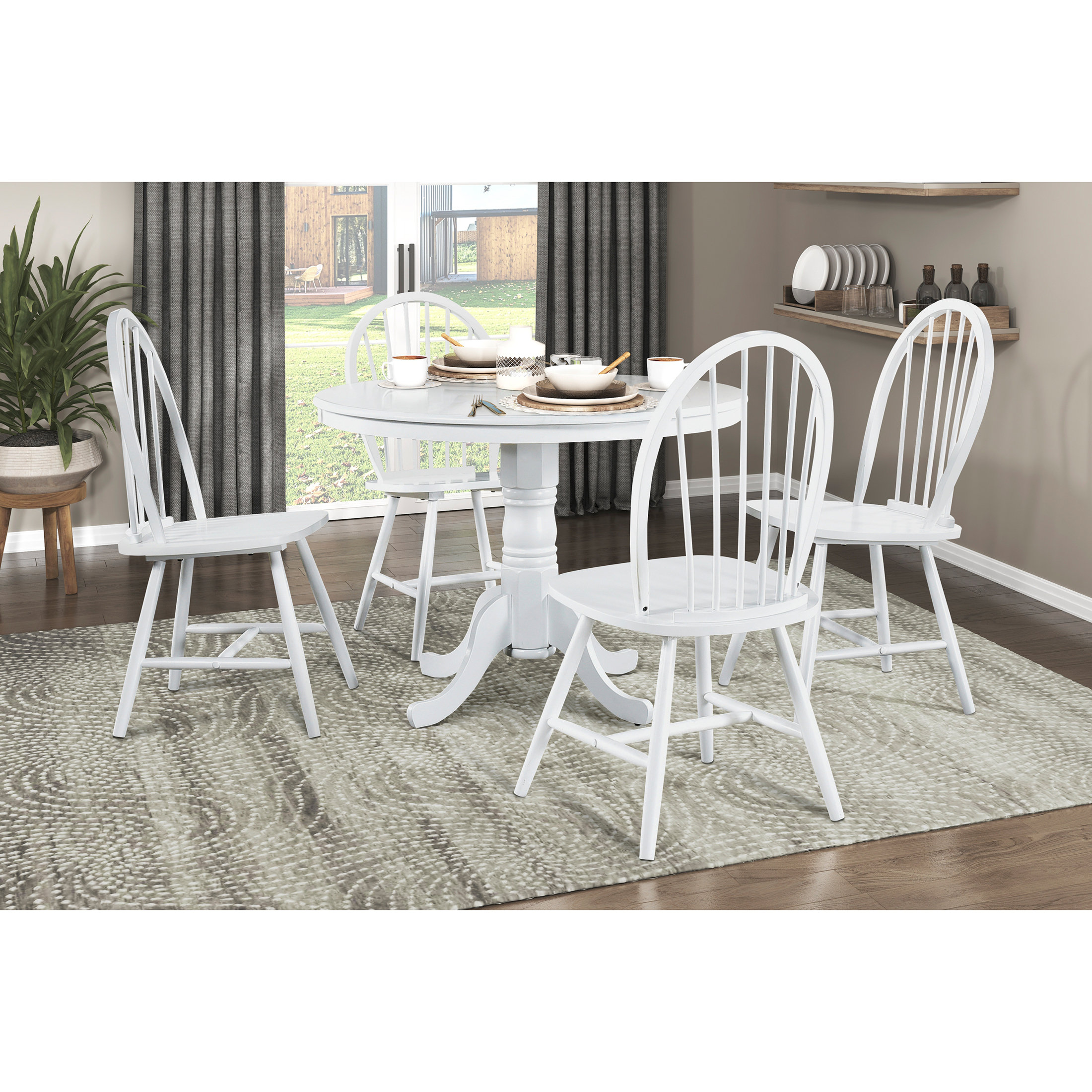 Gracie Oaks Farmhouse-Inspired 5pc White Round Dining Set with 4 Windsor Chairs – Casual Kitchen ...