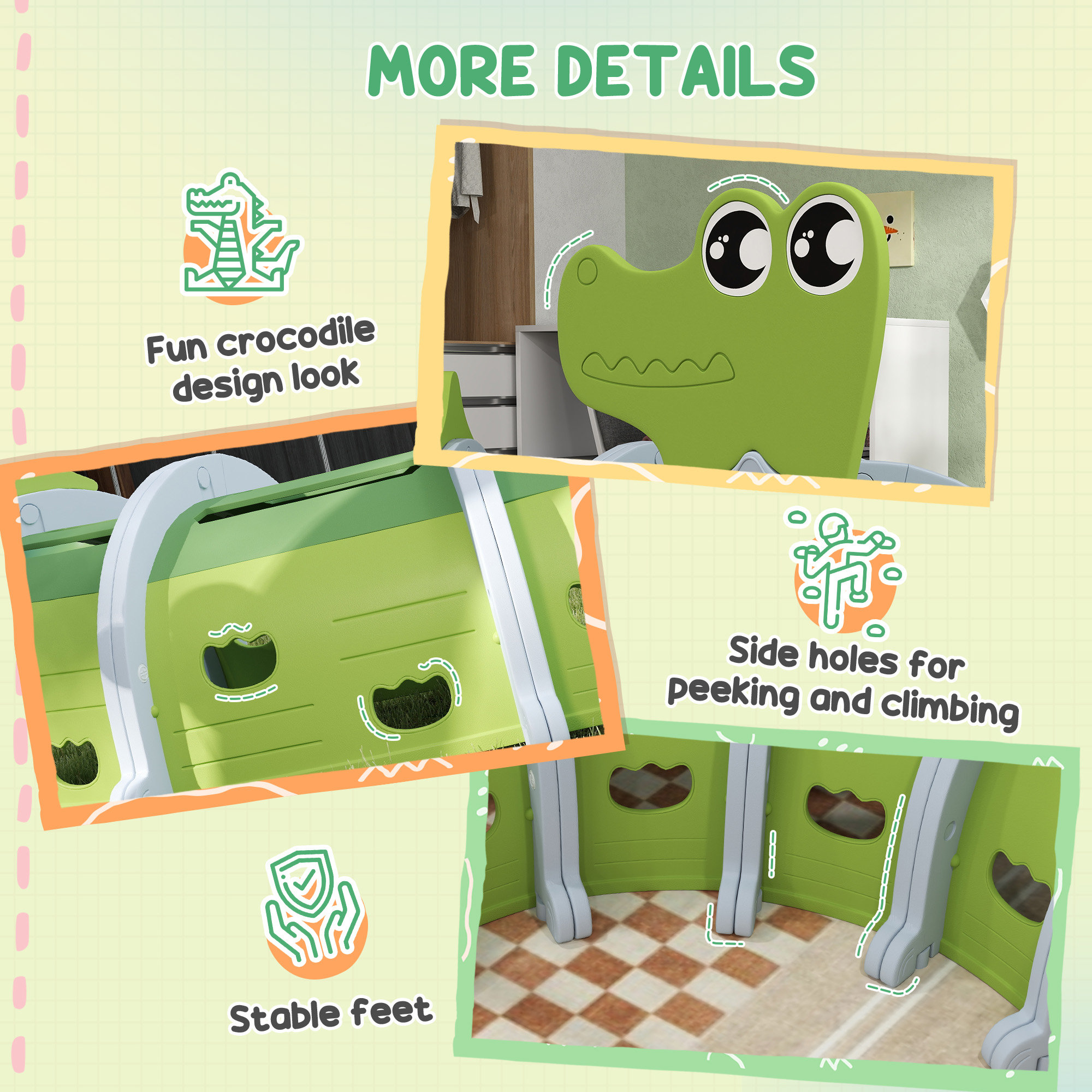 Qaba Kids Play Tunnel w/ Crocodile Theme for Kids to Crawl, 76" Long ...