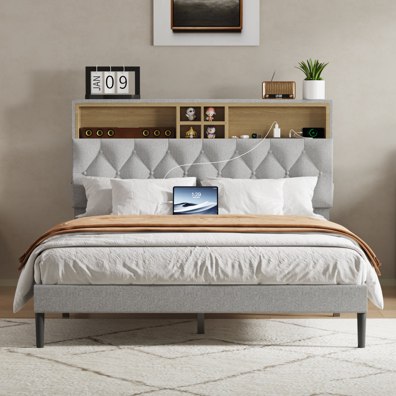 Ebern Designs Bed Frame With 2-Tier Storage Adjustable Headboard ...