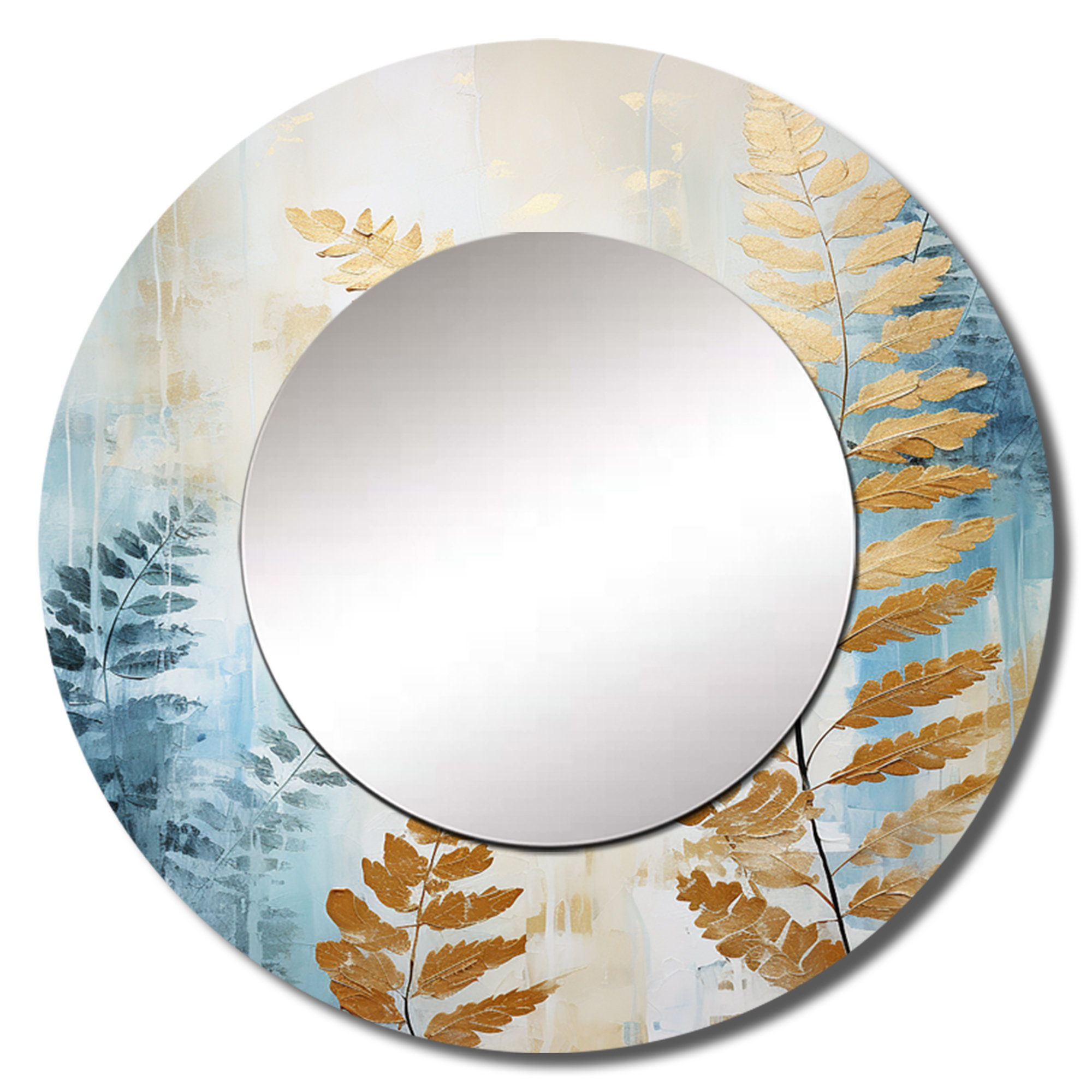 Design Art Blue And Golden Ferns Symphony V - Ferns Large Wall Mirror ...