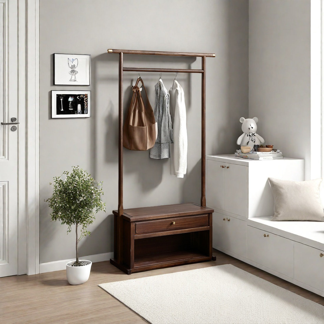 Elegant Home Furnishings.s Walnut Wood Hall Tree with Shoe Storage ...