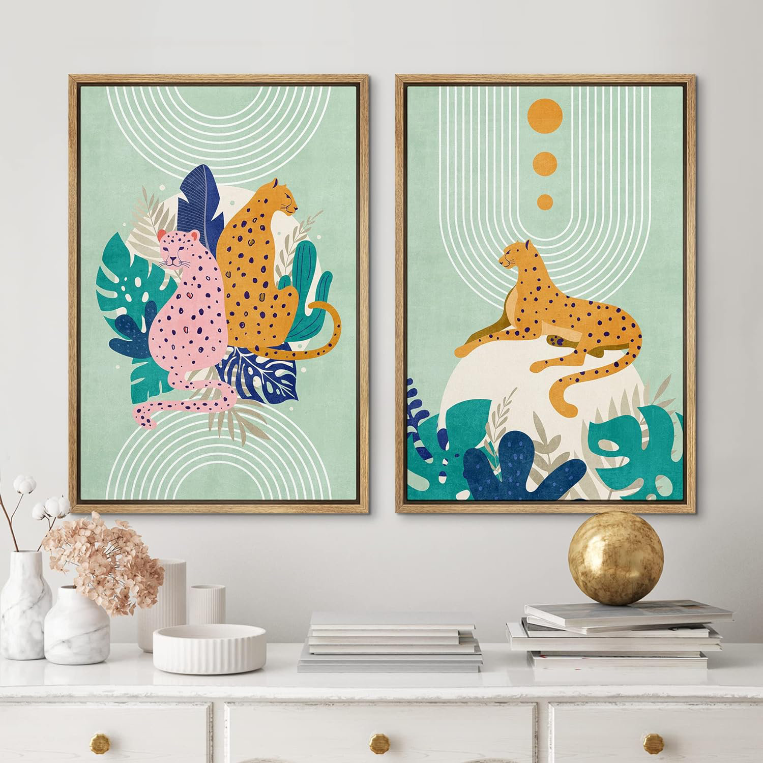 IDEA4WALL Bright Preppy Animals Tropical Cheetah Framed On Canvas 2 ...