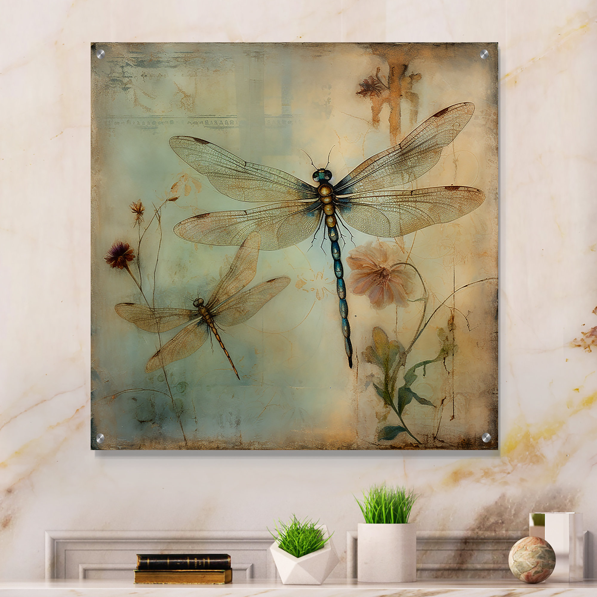 Design Art Vintage Painting Of Dragonfly Flying I - Dragonfly Acrylic ...