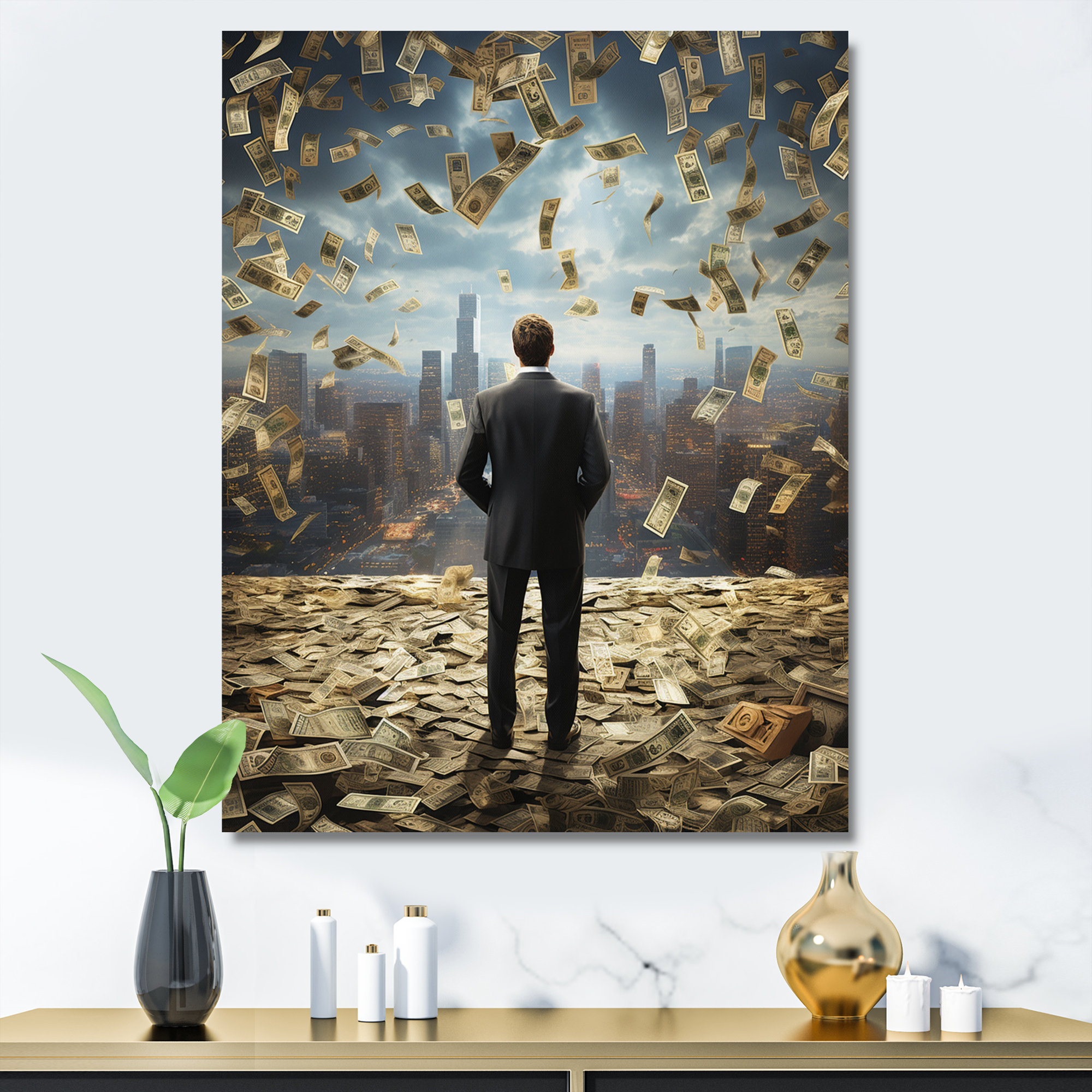 Winston Porter Man Looking At Skyline Of Floating Money - Man Wall Art ...